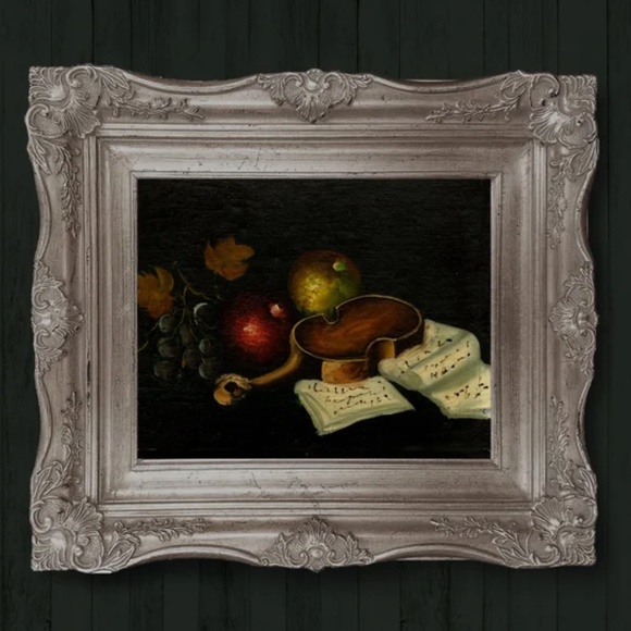 Art | Vintage Print Oil Painted Still Life With Fruit Violin Music ...